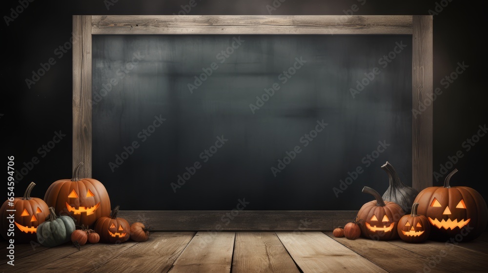 scary halloween background with pumpkin and bats at a spooky wooden ...