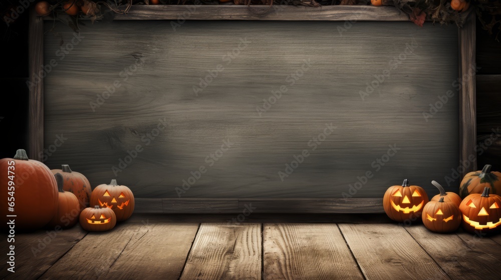 scary halloween background with pumpkin and bats at a spooky wooden ...