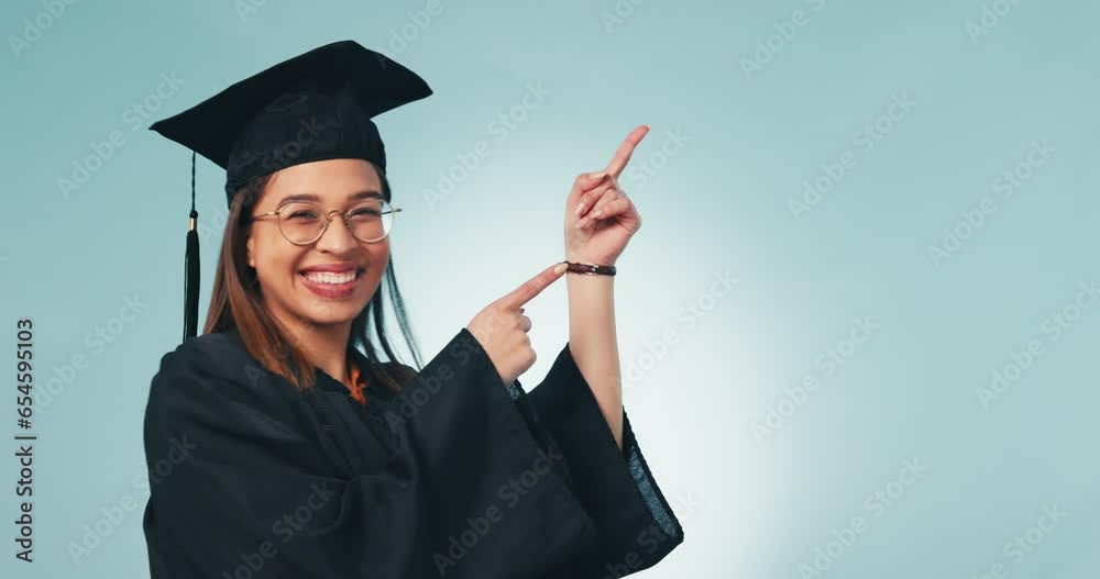 Face, graduation and woman with promotion, pointing and announcement on ...