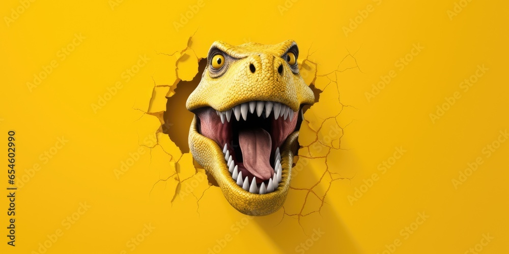 Cute T-Rex peeking out of a hole in wall, torn hole, empty copy space ...
