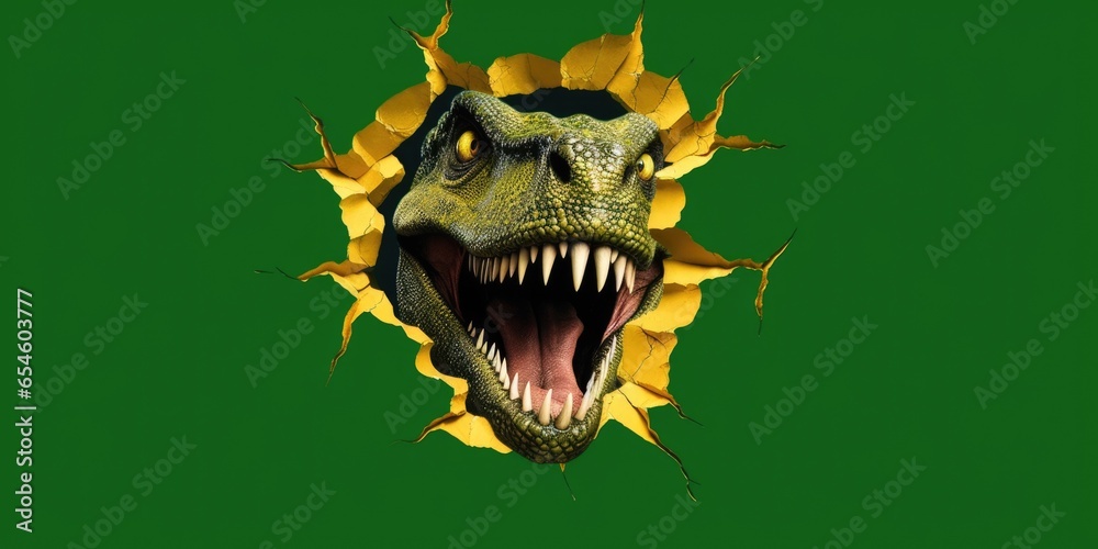 Cute T-Rex peeking out of a hole in wall, torn hole, empty copy space ...