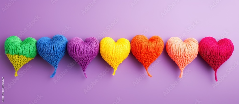Rainbow colored crochet hearts and Happy Pride letters on a pink ...