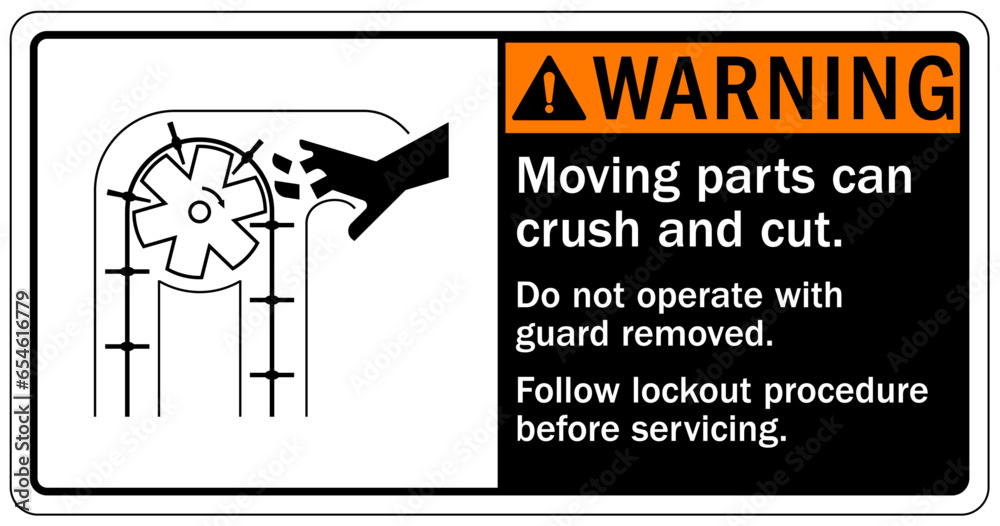 Crush and cut hazard warning sign and labels Moving parts and materials ...