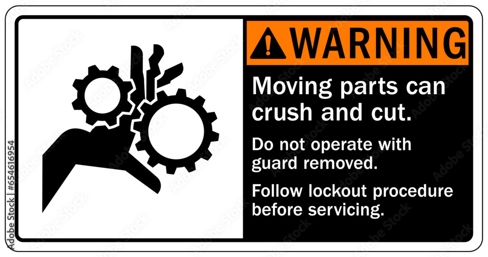 Crush and cut hazard warning sign and labels Moving parts and materials ...