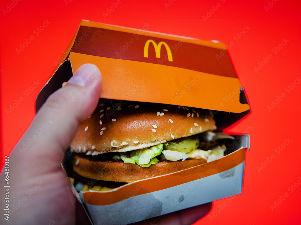 GERMANY - SEP 30, 2023: McDonald's Big Mac in a Paper Box Held Stock ...