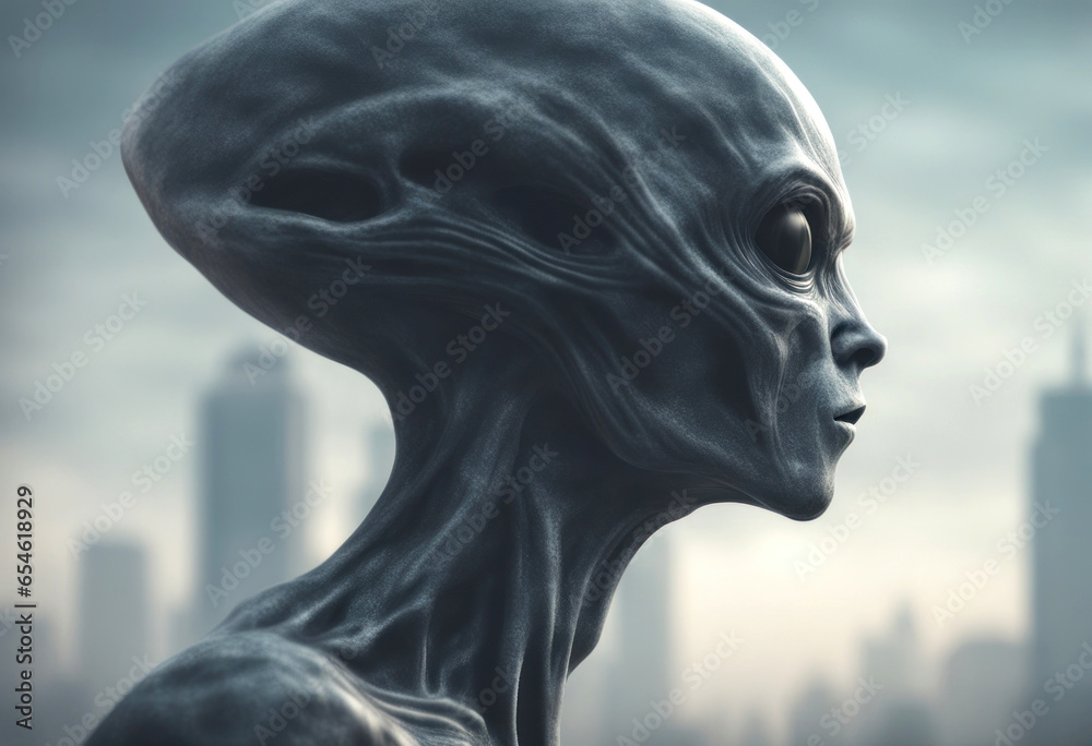 Alien face profile, blurred city background. Humanoid cinematic ...