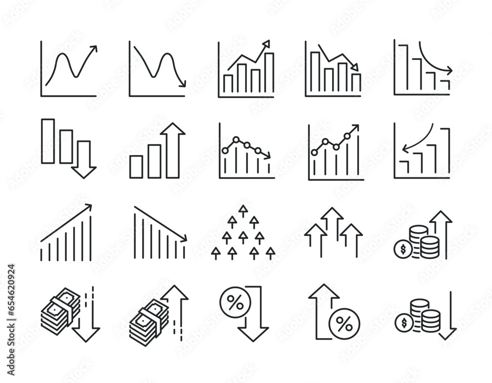 Inrease and decrease thin line icons. Editable stroke. For website marketing design, logo, app ...