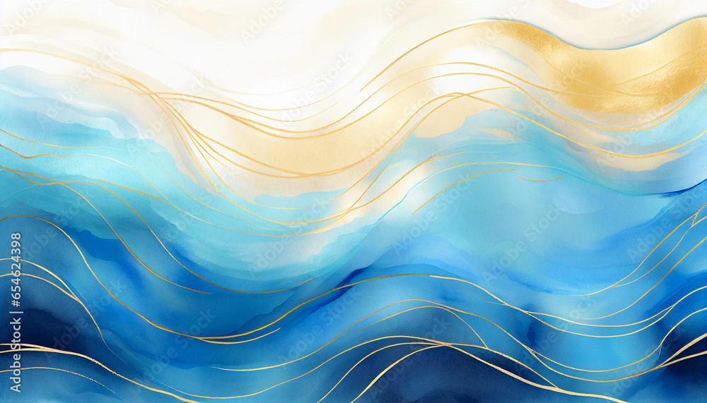 Abstract blue wave with gold lines watercolor texture painting ...