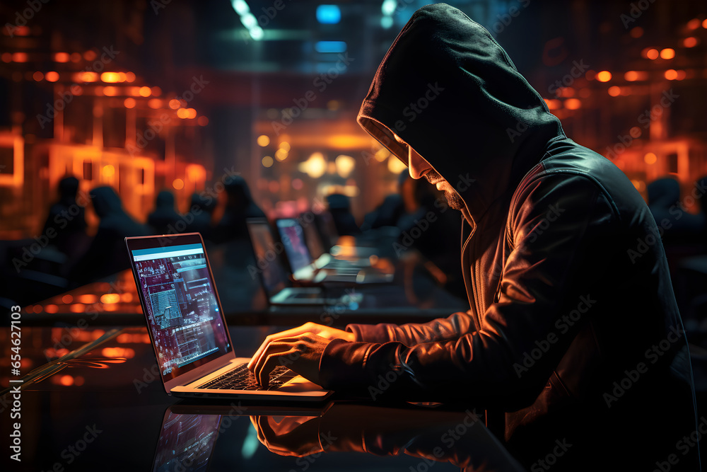 Fototapeta Hacker gang hacked firewall on laptop. Anonymous scammer ...