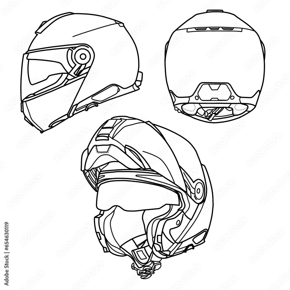 Technical sketch drawing of modular full face helmet line art ...