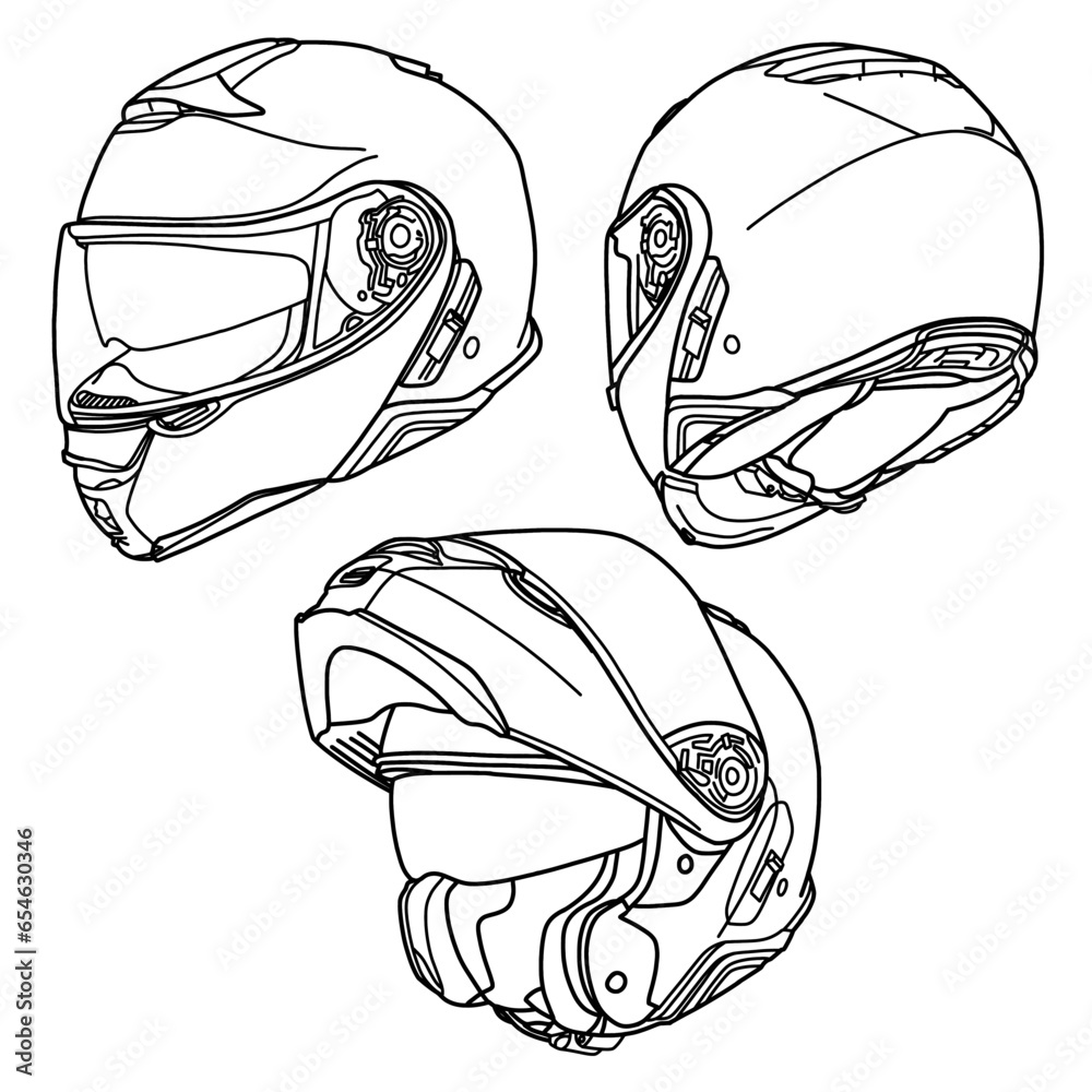Technical sketch drawing of modular full face helmet line art, side ...