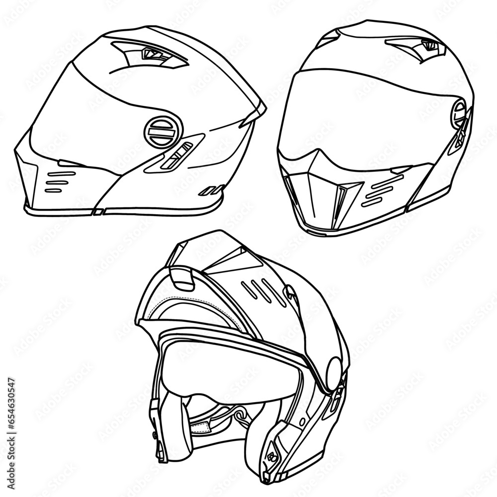Technical sketch drawing of modular full face helmet line art, side and ...