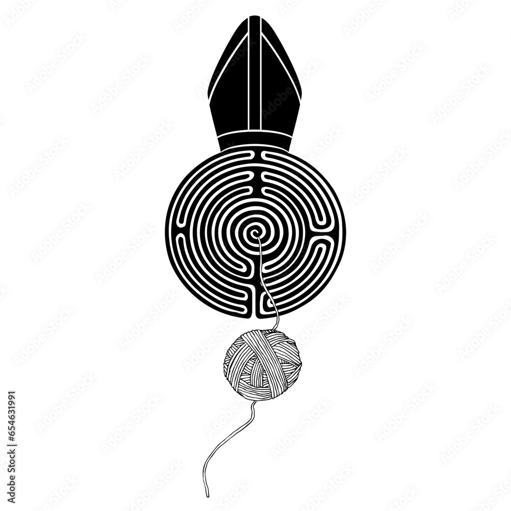 Round spiral maze or labyrinth symbol with a Catholic Pope's mitre or ...