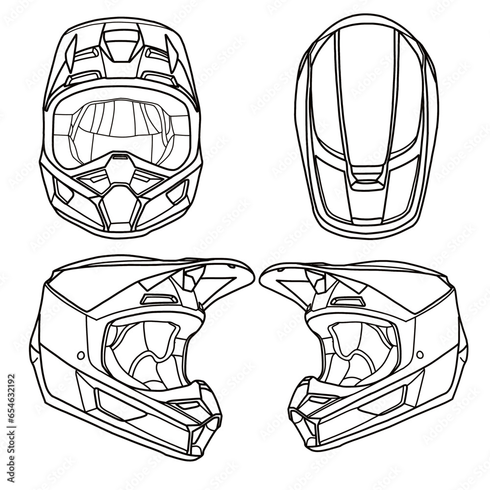Technical sketch drawing of full face dirt helmet line art, flat sketch ...