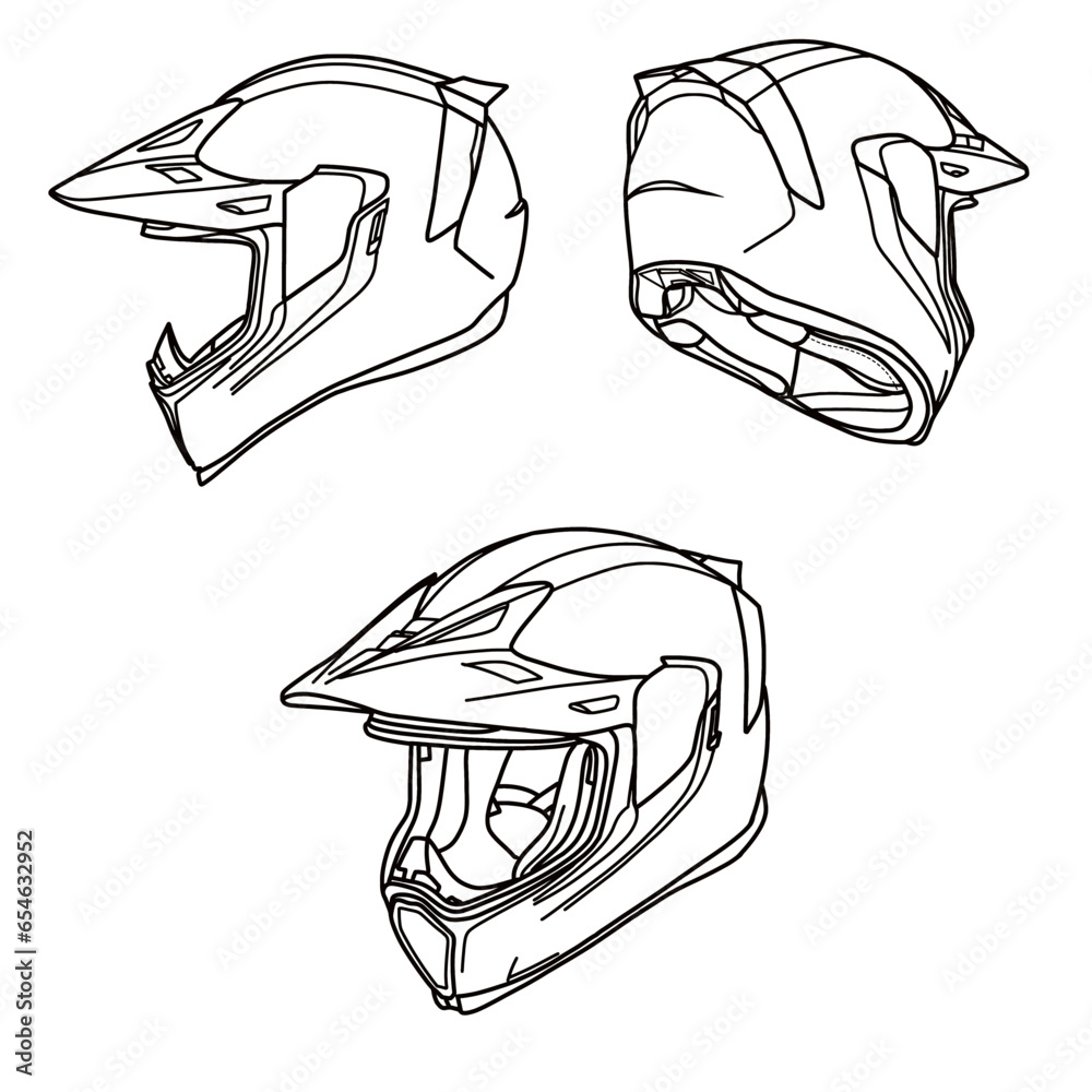 Technical sketch drawing of full face dirt helmet line art, flat sketch ...