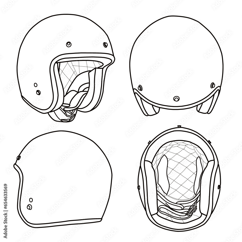 Technical sketch drawing of half face retro helmet line art, flat ...
