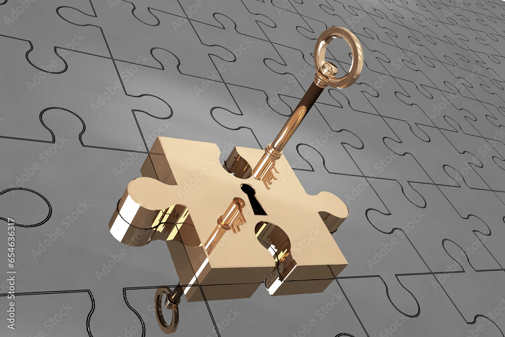 Digital png illustration of golden puzzle element and key on ...