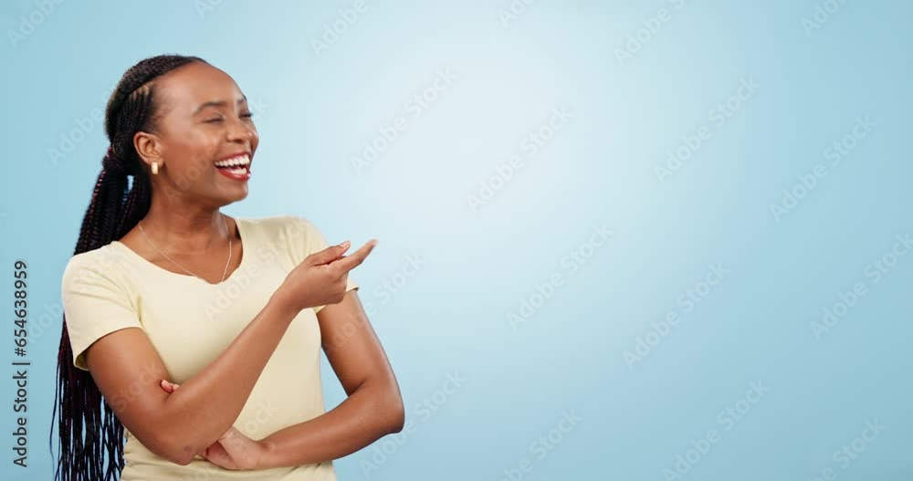 Thinking, face and happy woman in studio with solution of ideas ...