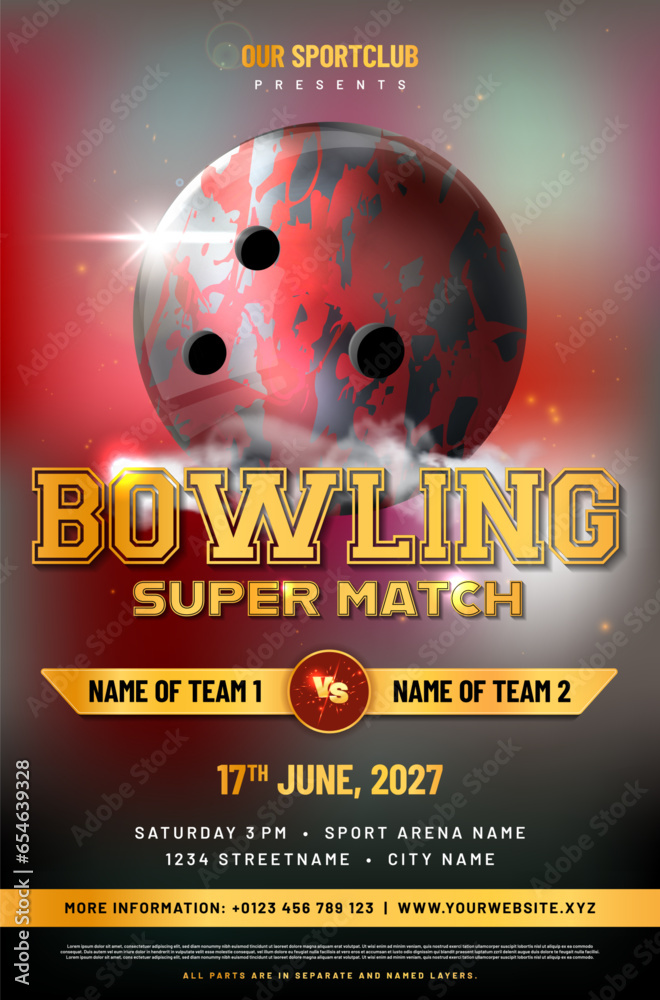 Bowling match poster template with ball and sample text in separate ...