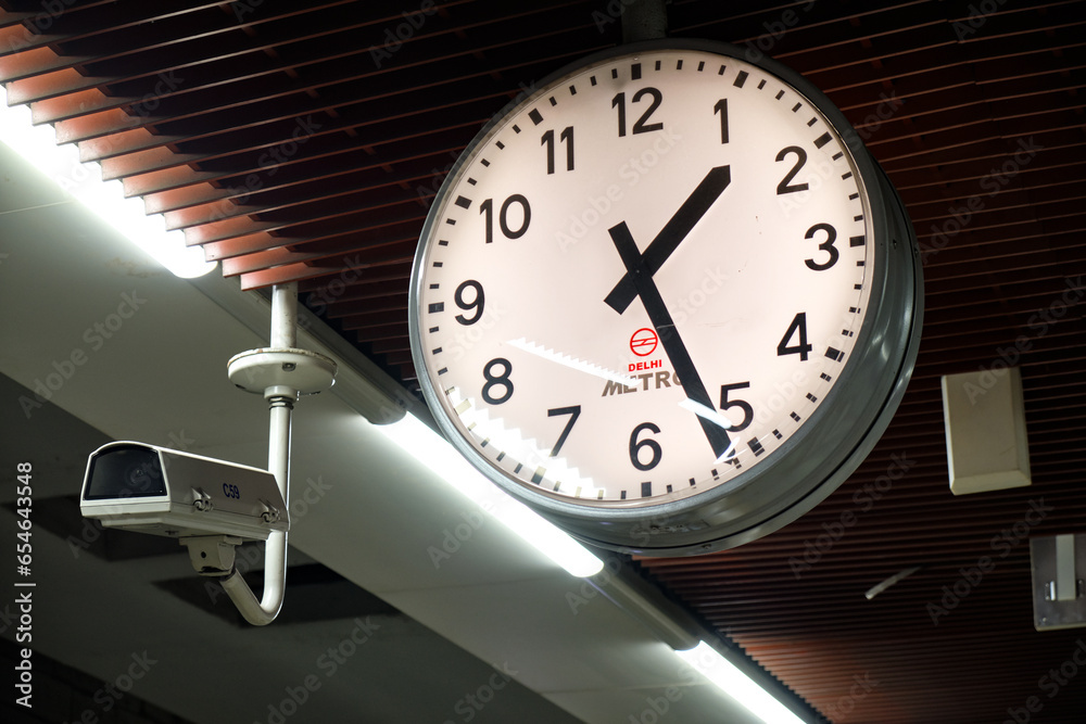 Stockfoto Clock and a security camera at Delhi Metro subway station ...