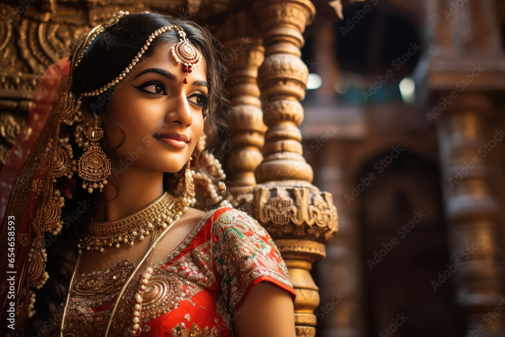 Indian bride in traditional wear and jewelery standing at temple Stock ...