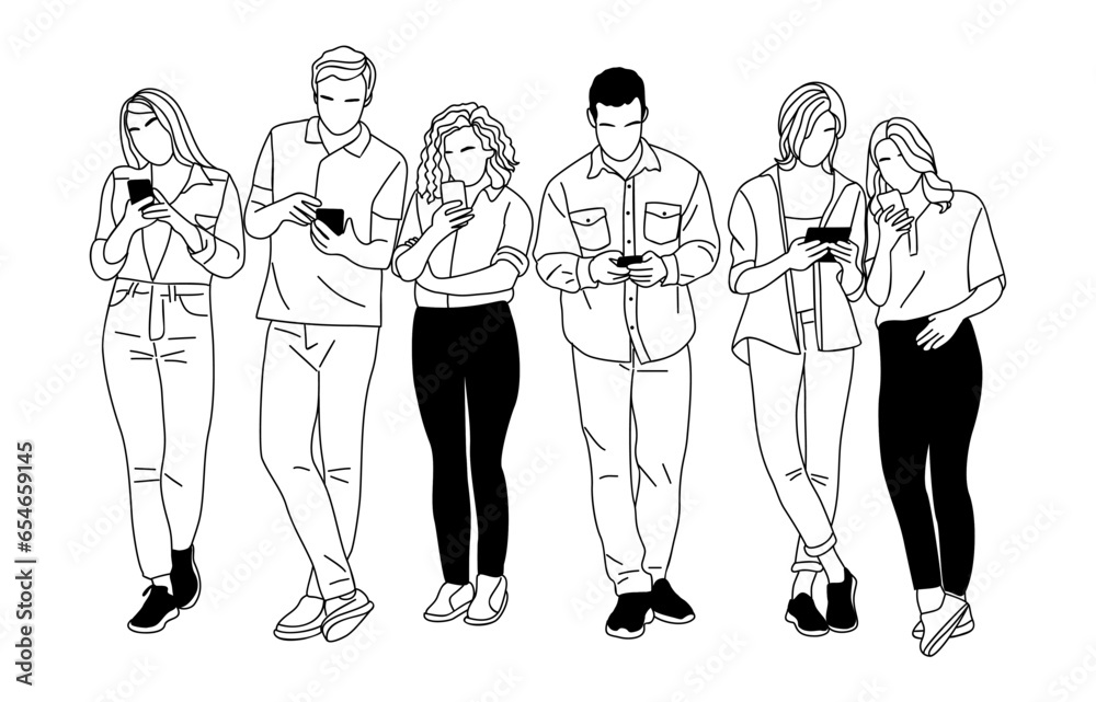 Business team members standing. with phones. Set of different men and ...