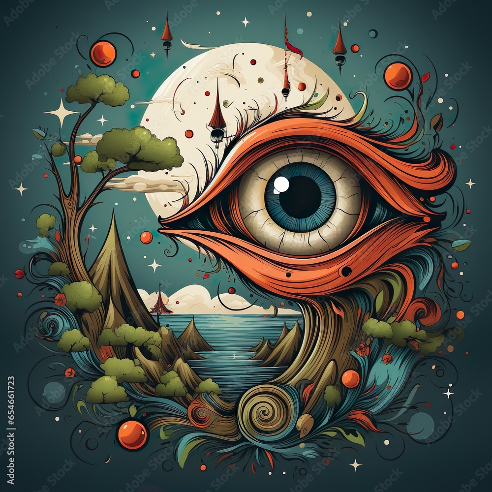 surreal floating eye with moonlit landscape Stock Illustration | Adobe ...