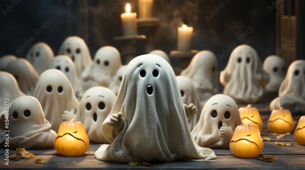 On a dark and eerie halloween night, a group of small, white ghosts ...