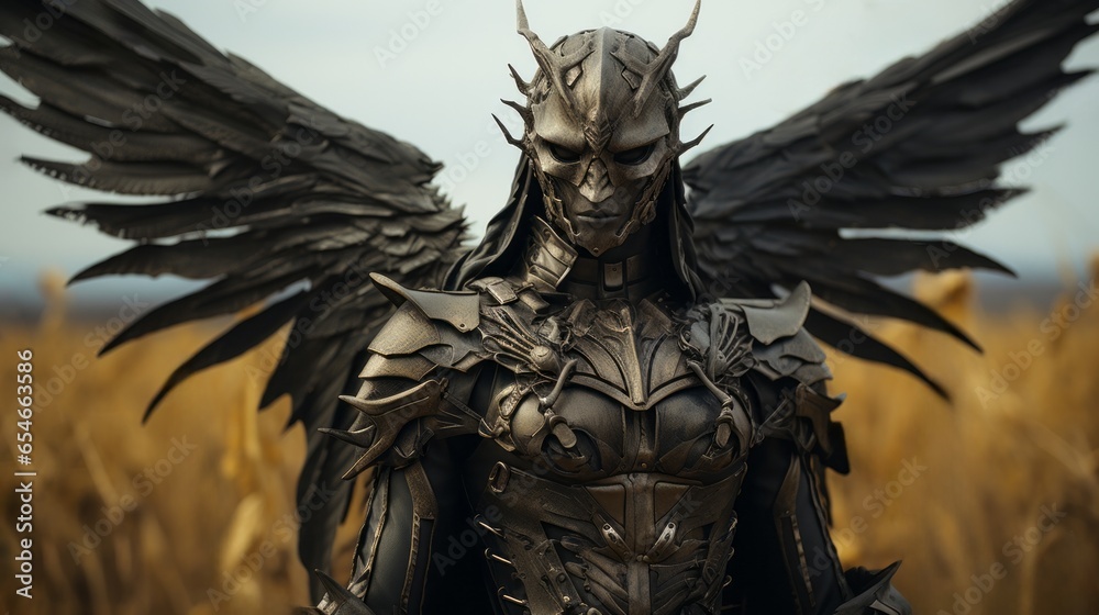 An awe-inspiring sight of a majestic figure cloaked in ancient armour ...