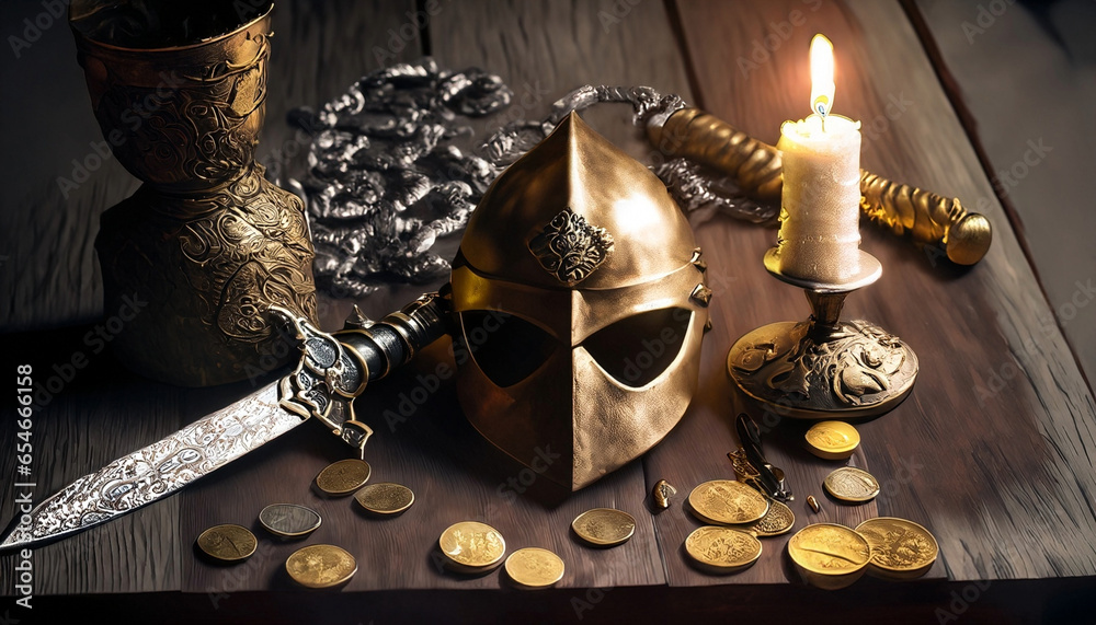 Golden helmet of a hero, medieval still life with dagger, chain, golden ...