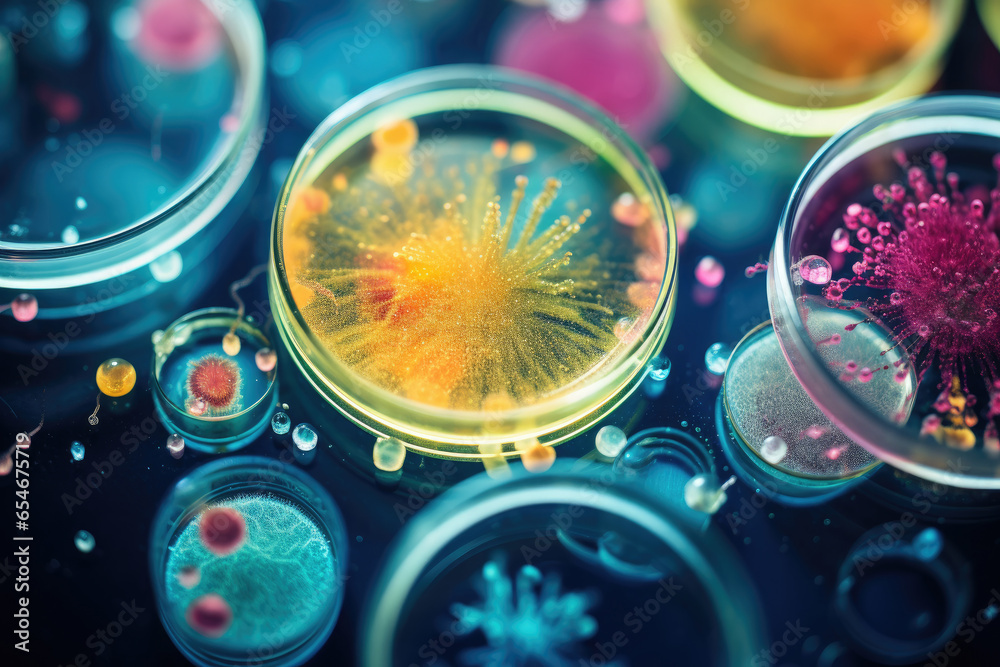 Colorful variety of microorganism inside petri dish plate background in ...