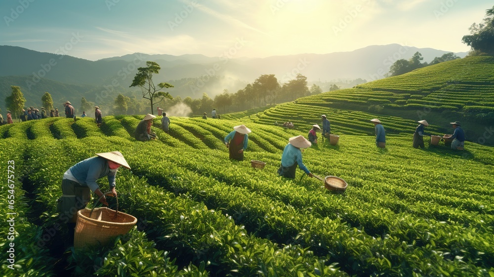 A villagers picking tea leaves, tea plantations on northern hills ...