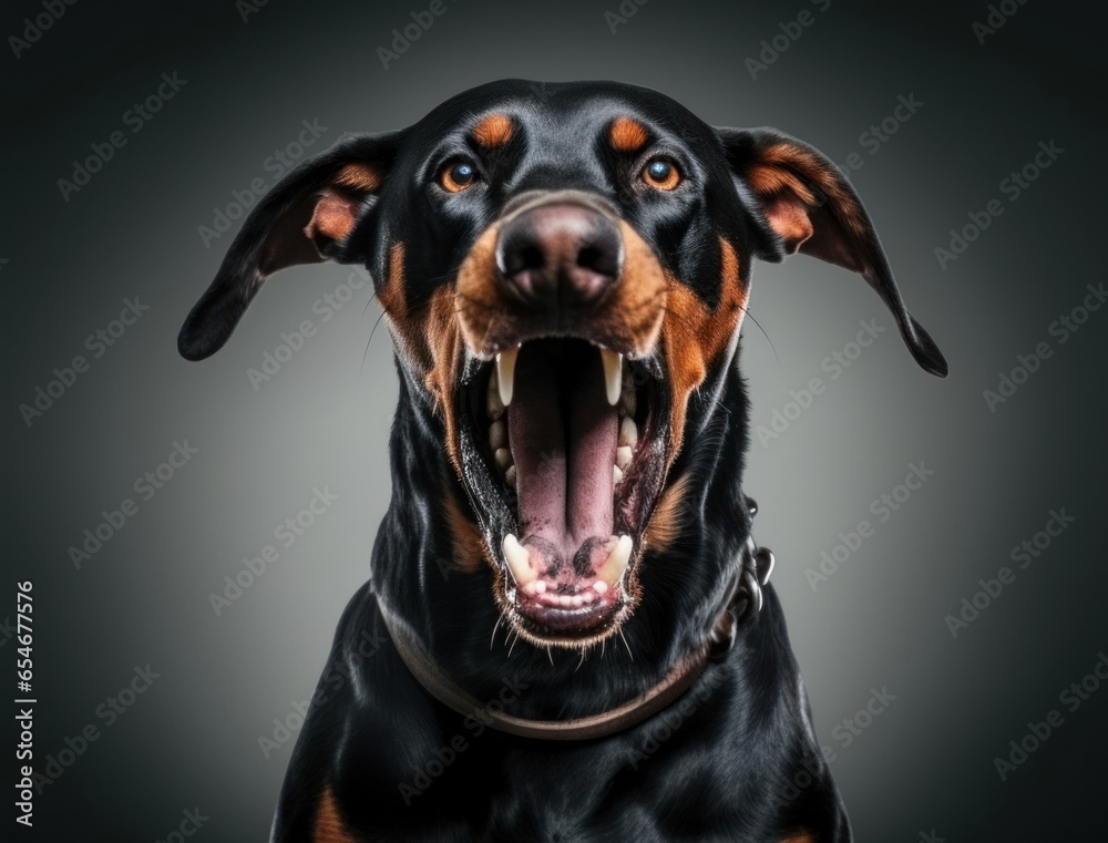 Angry doberman dog, isolated on white background. Doberman dog portrait ...