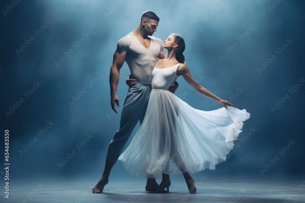 Muscular young men and beautiful woman, ballet dancers making artistic ...