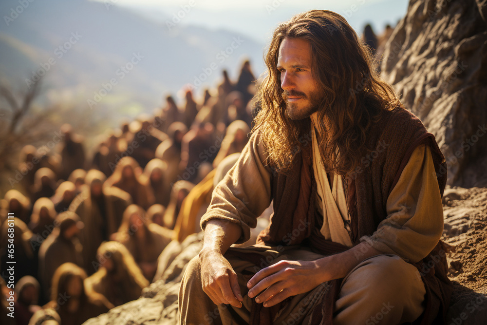Jesus Christ preaching at the Sermon on the Mount, blessing the poor ...