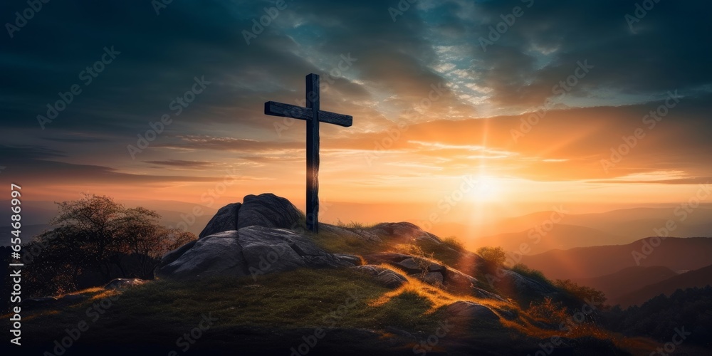 The cross of God in the rays of the sun. Cross on the hill. Religious ...