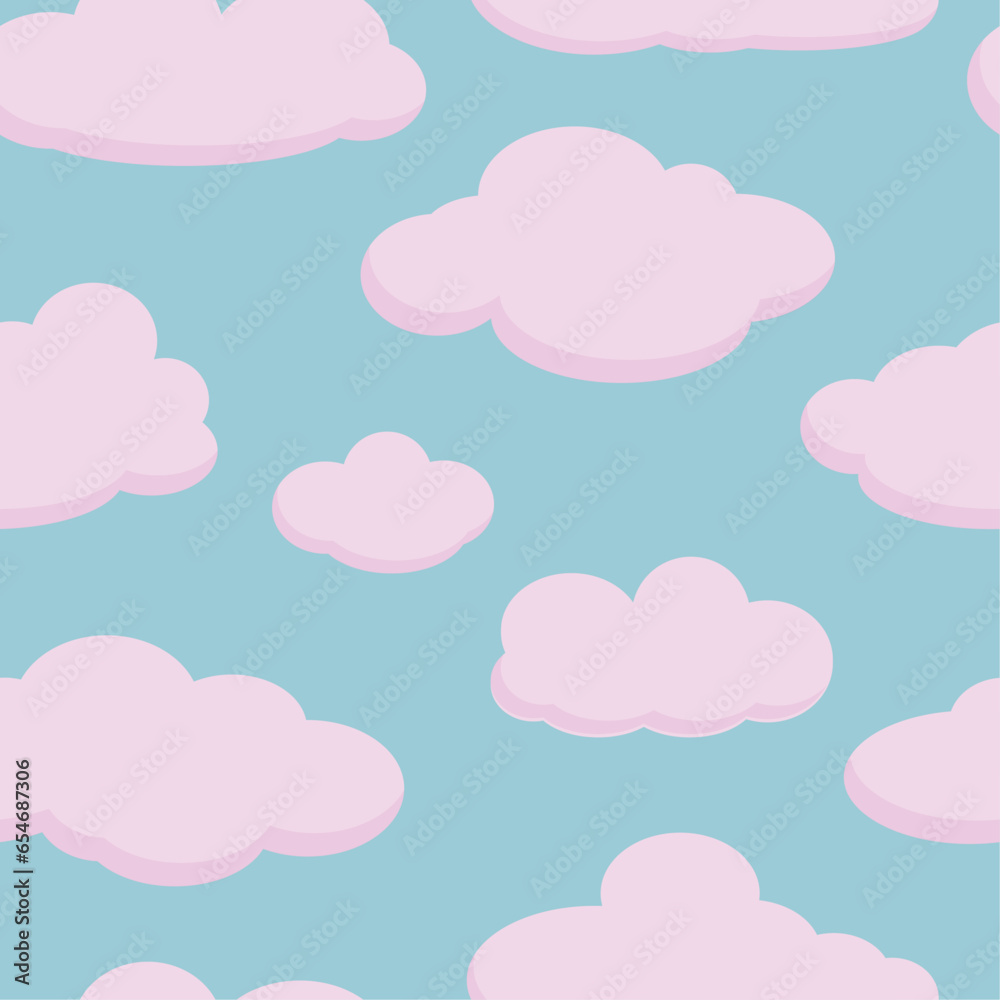 Cute pastel cloud seamless vector pattern. Pink cartoon clouds on a sky blue background. Stock ...