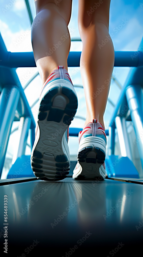 Running on a treadmill, low angle shoot of feet as they run on a ...