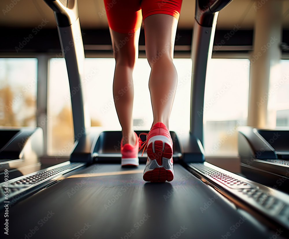 Running on a treadmill, low angle shoot of feet as they run on a ...