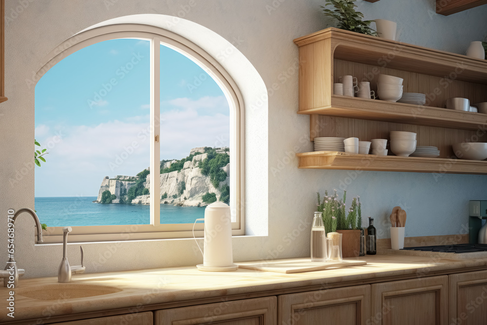 Bright mediterranean style kitchen with wooden countertop, large window ...