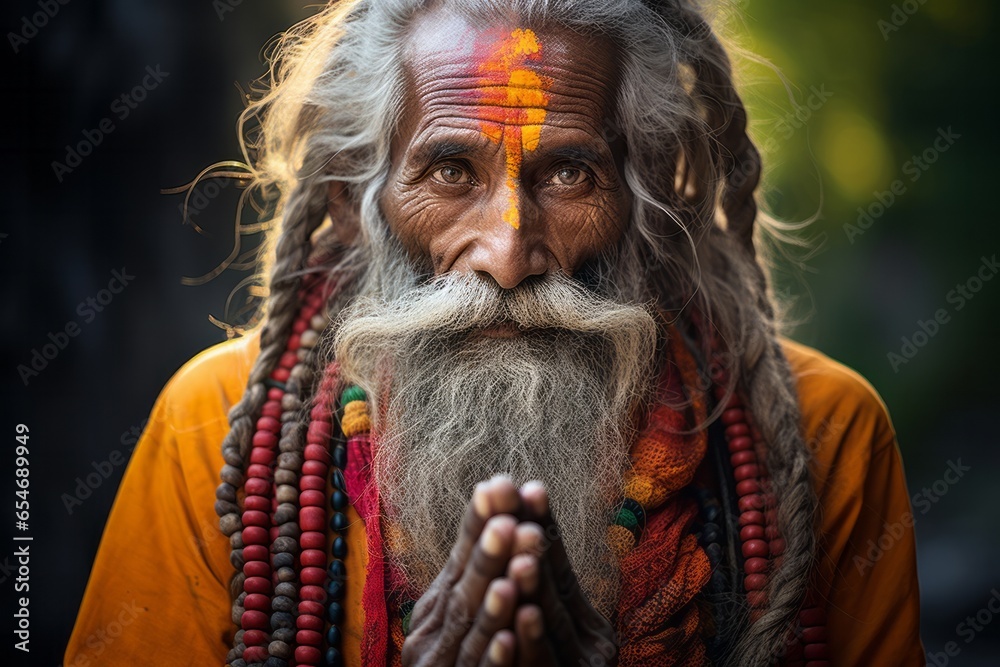 Foto de Portrait of an Indian Sadhu, deeply immersed in spiritual ...