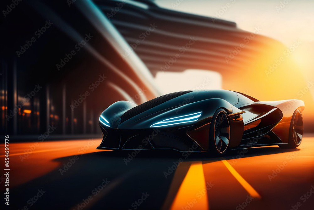 one Futuristic Self-Driving Van Moving on a Public Highway in a Modern City with Glass ...