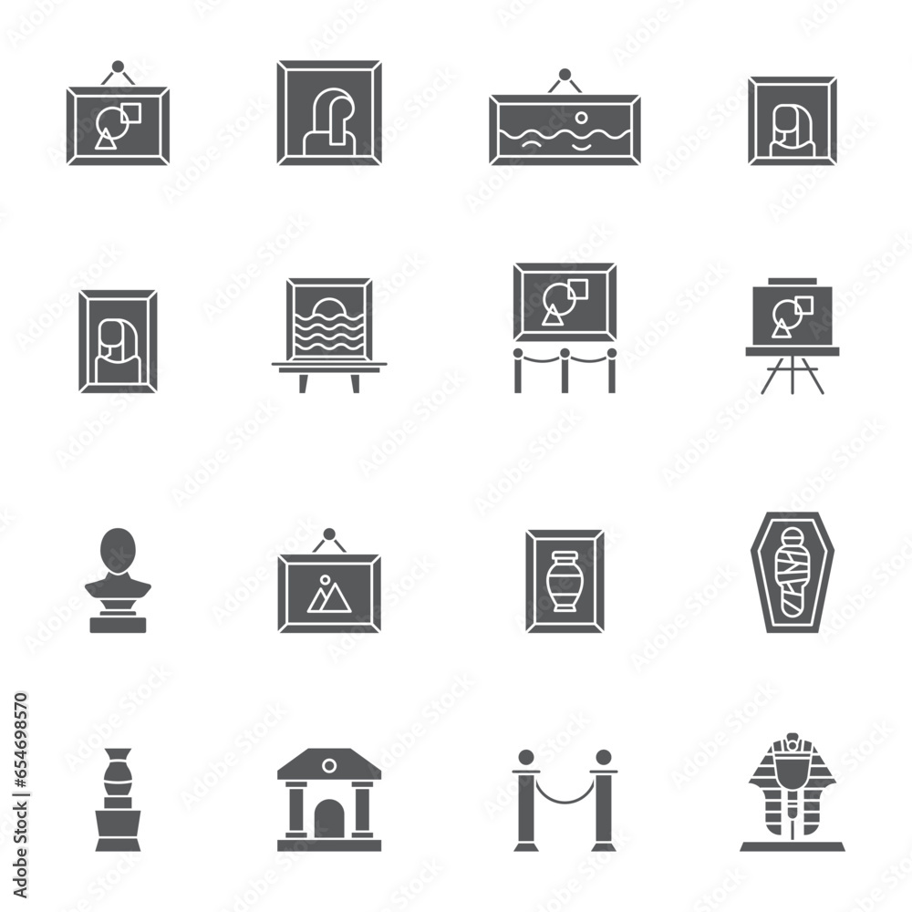 Museum exhibits glyph icons set. Art gallery linear style symbols ...