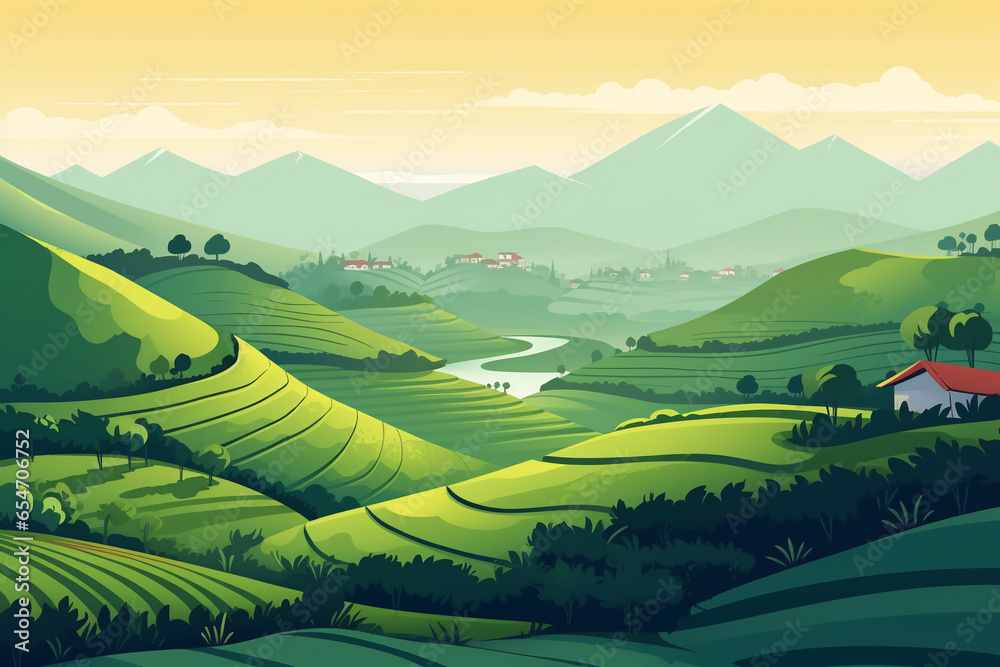 Terraced plantation poster Chinese rice fields. Tea plantations ...