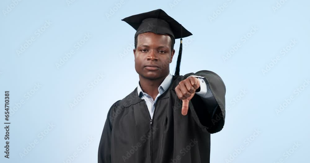 Review, face and black man or graduate with thumbs down for school ...