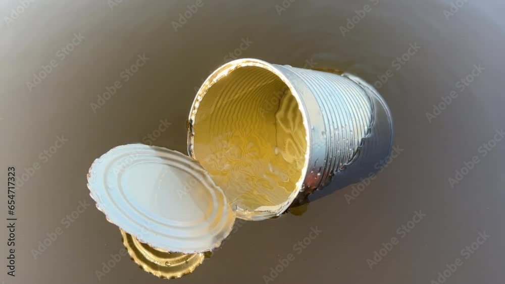 Tin can waste in lake water. Empty metal tin can garbage and food waste ...