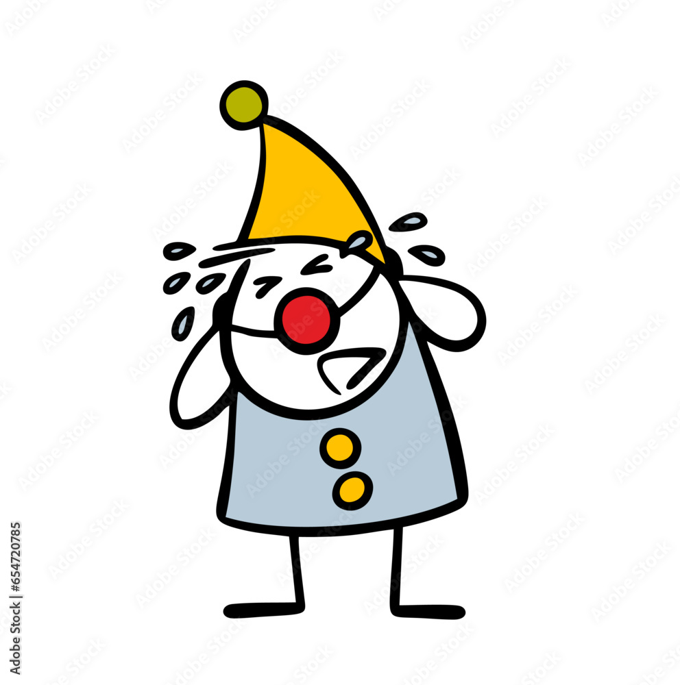 Cartoon clown with red nose and hat is crying loudly, sobbing in the ...