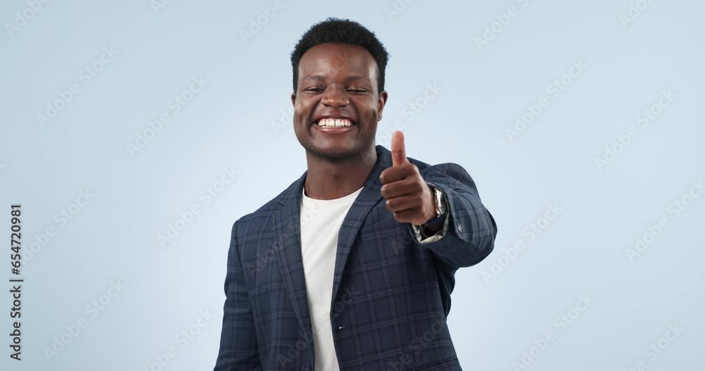 Happy black man, business and thumbs up in success, winning or good job ...