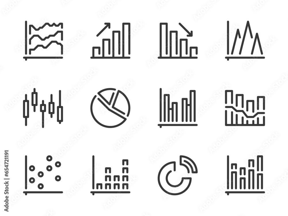 Graph and Chart vector line icons. Graphical Data Report outline icon ...
