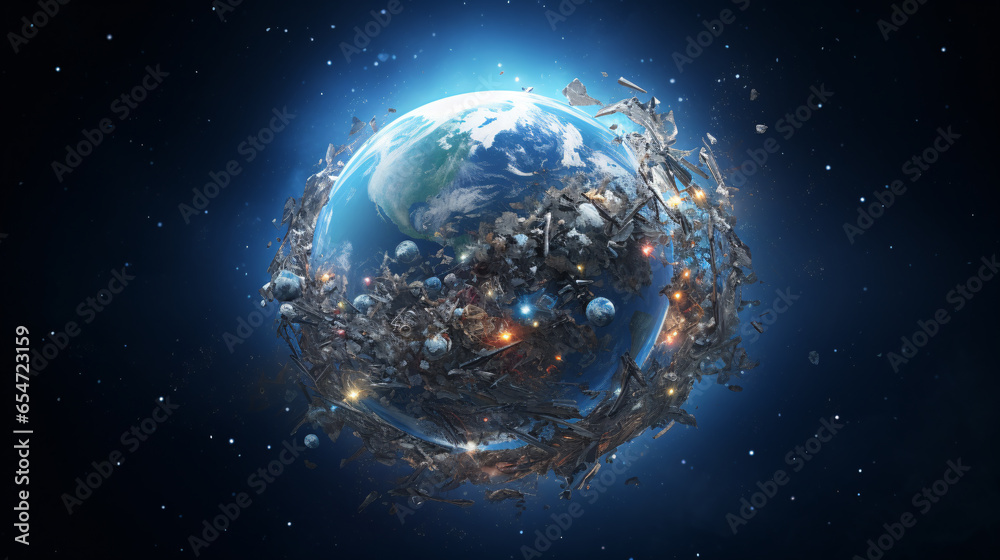 Earth is surrounded by space junk from spaceships and satellites, outer ...